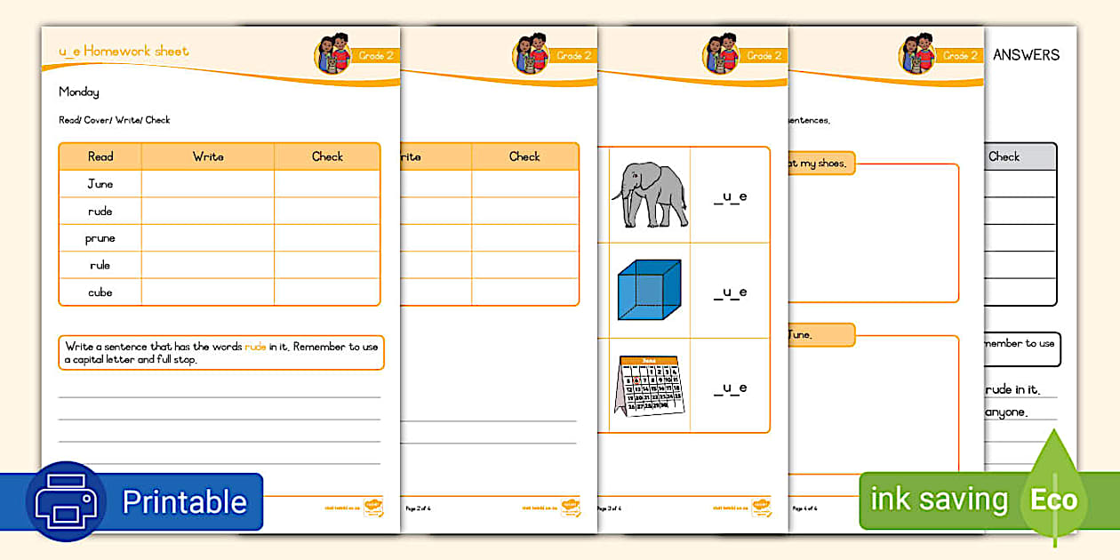 Grade 2 Phonics: u_e Homework Sheet