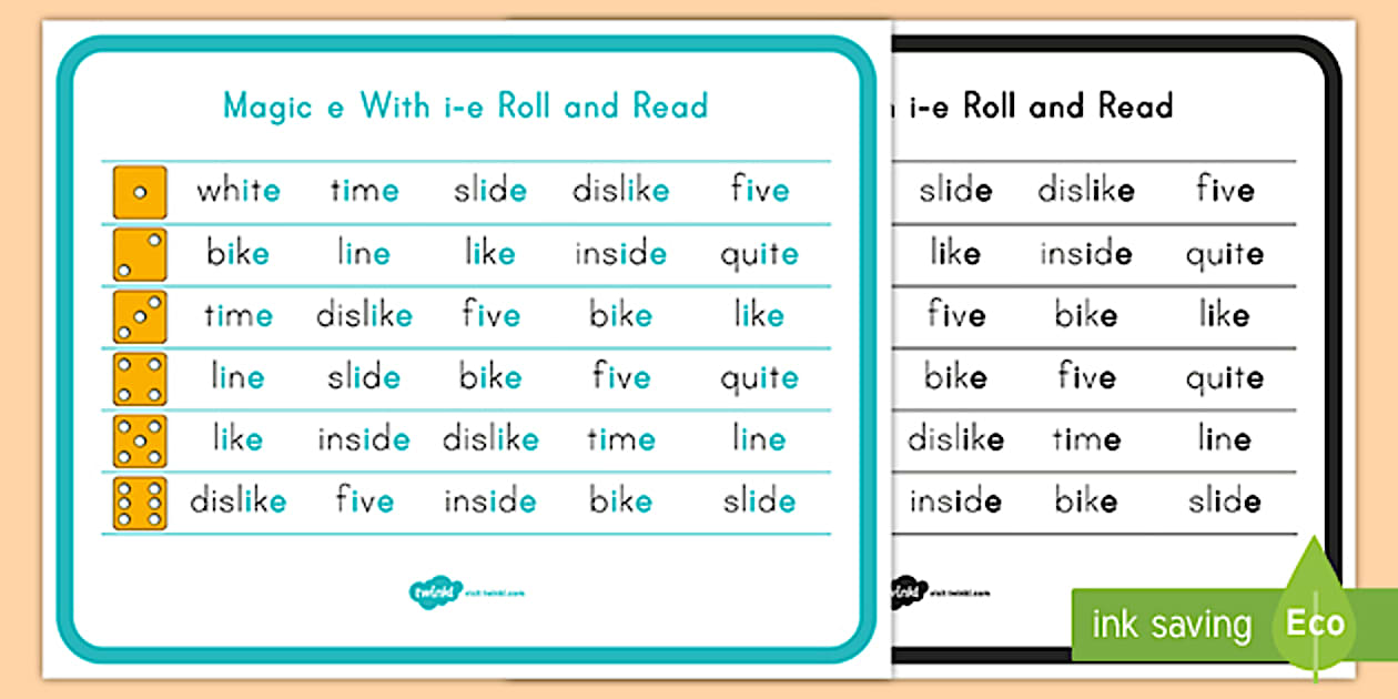 Magic e With i-e Words Roll and Read Worksheet for 1st-2nd Grade