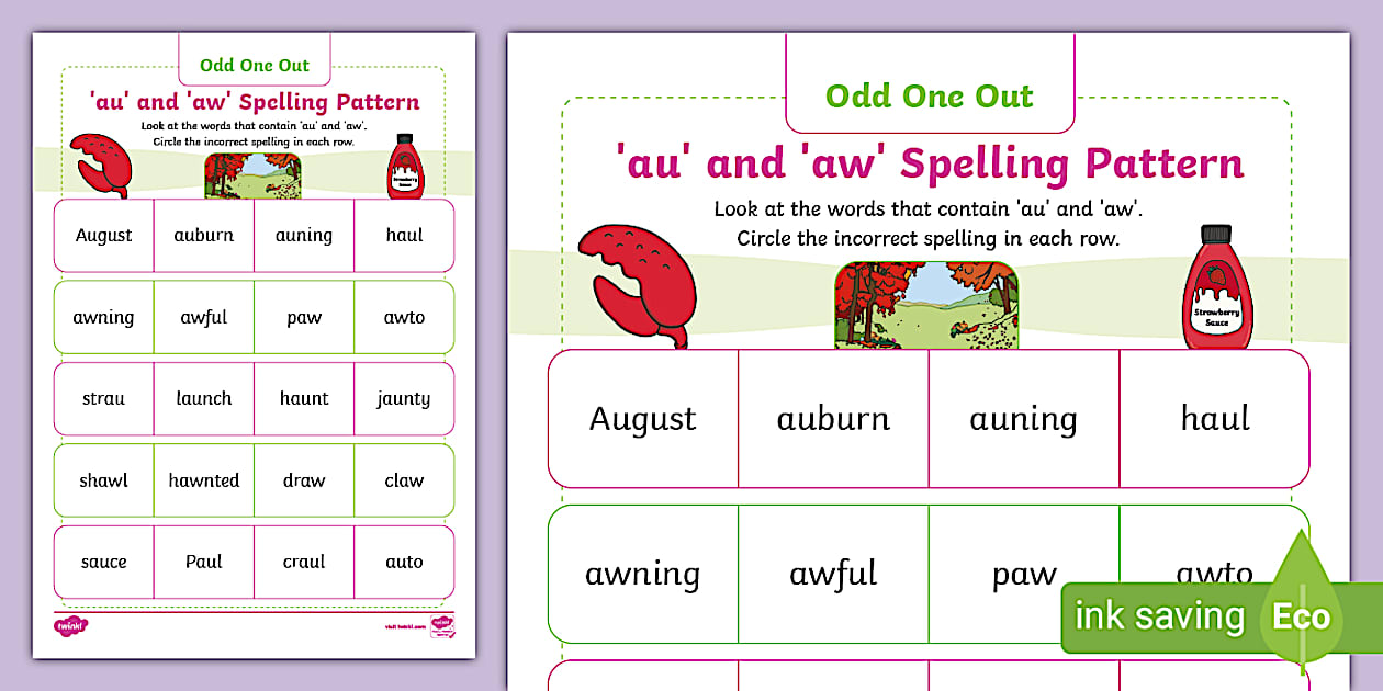 'aw' and 'au' Spelling Pattern Odd One Out Worksheet