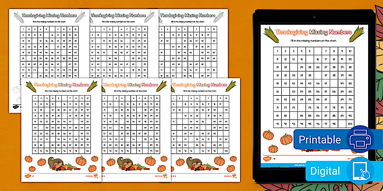 Thanksgiving Missing Numbers Worksheet | Math Resource