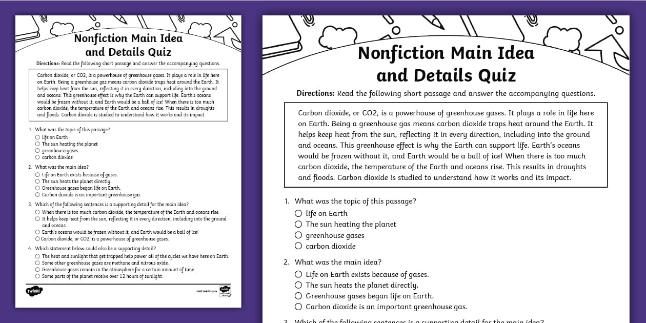 Fifth Grade Nonfiction Main Idea and Details Quick Quiz
