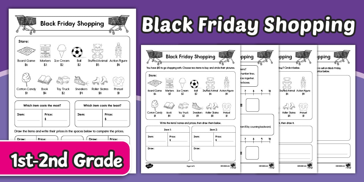 Black Friday Shopping Math Worksheets for 1st-2nd Grade