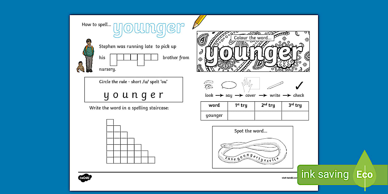 How to Spell Younger Activity Sheet (teacher made) - Twinkl