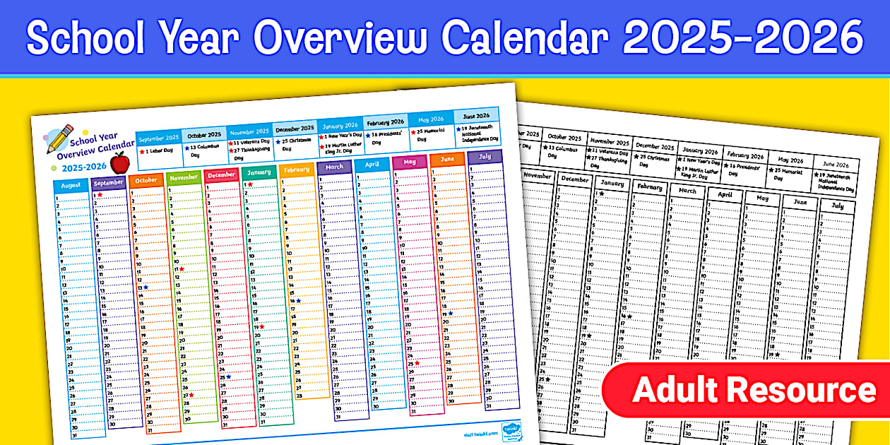 School Year Overview Calendar 2025-2026 - Twinkl