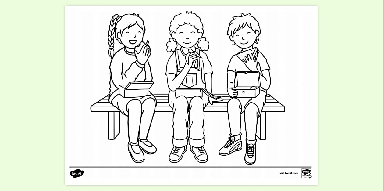 Children Eating Packed Lunch Outside | Colouring Sheets