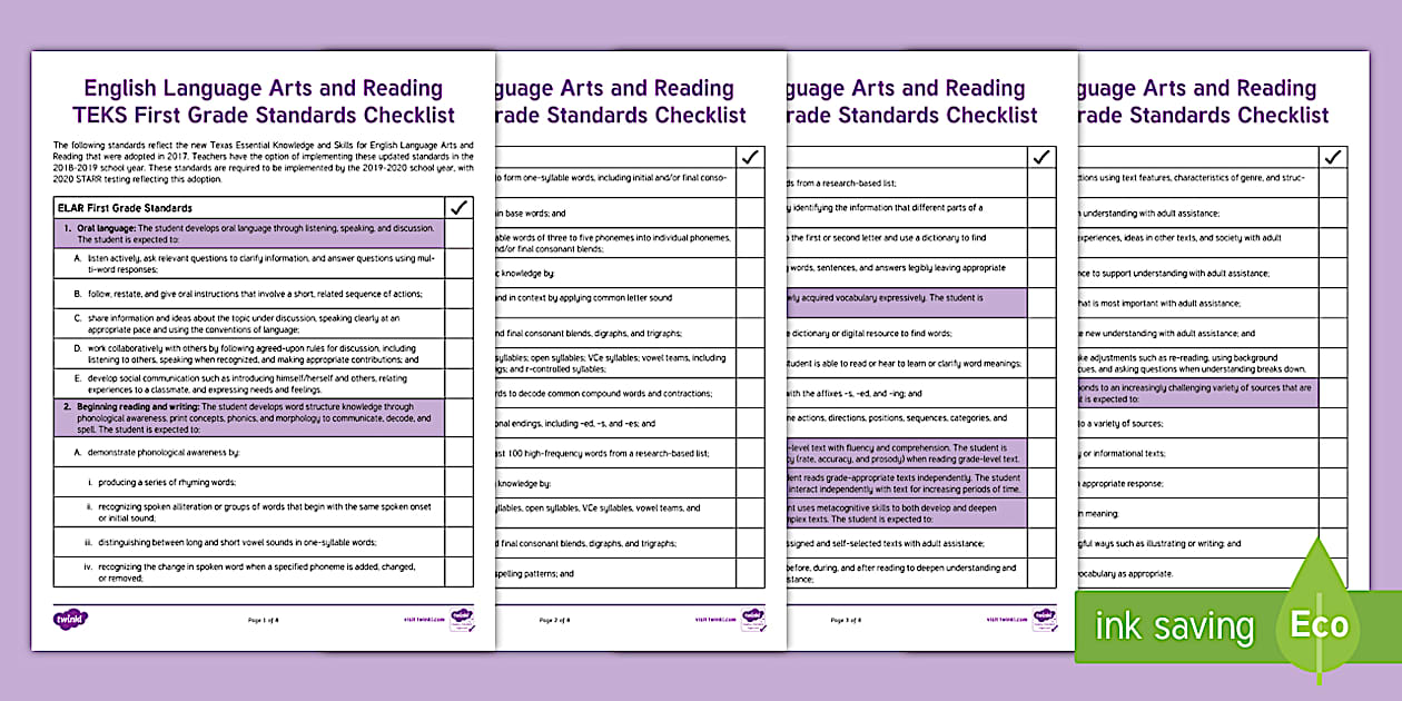 English Language Arts and Reading TEKS First Grade Standards Checklist