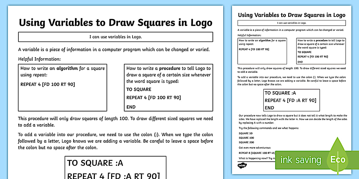 Using Variables to Draw Squares in Logo Worksheet / Worksheet