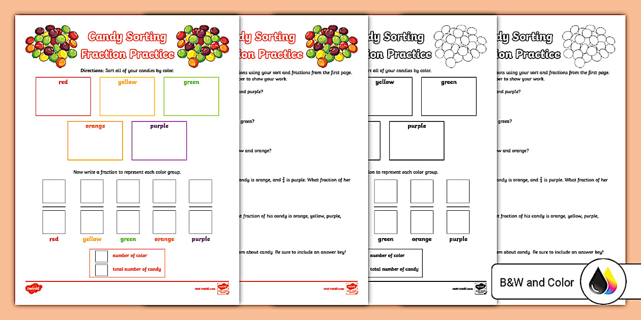 Candy Sorting Fraction Math Worksheet for 3rd-5th Grade