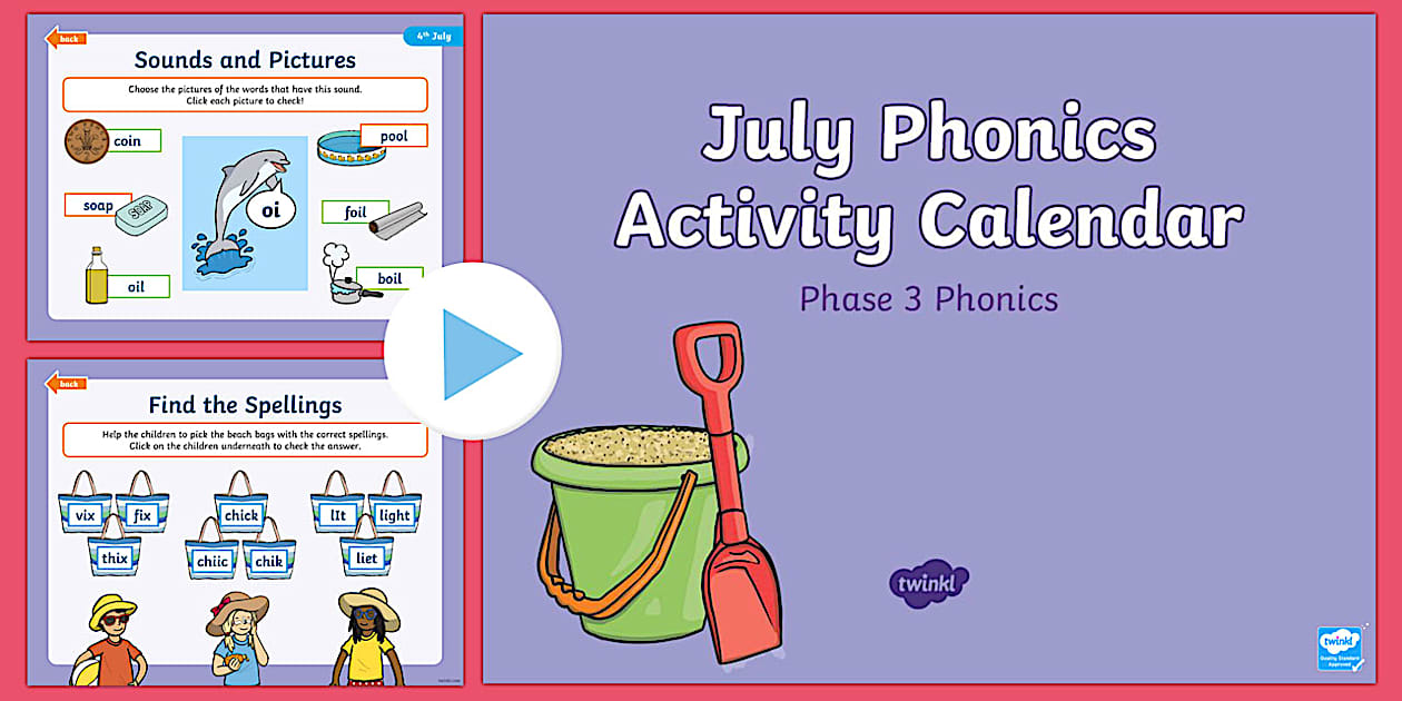 Phase 3 July Phonics Activity Calendar PowerPoint - Twinkl