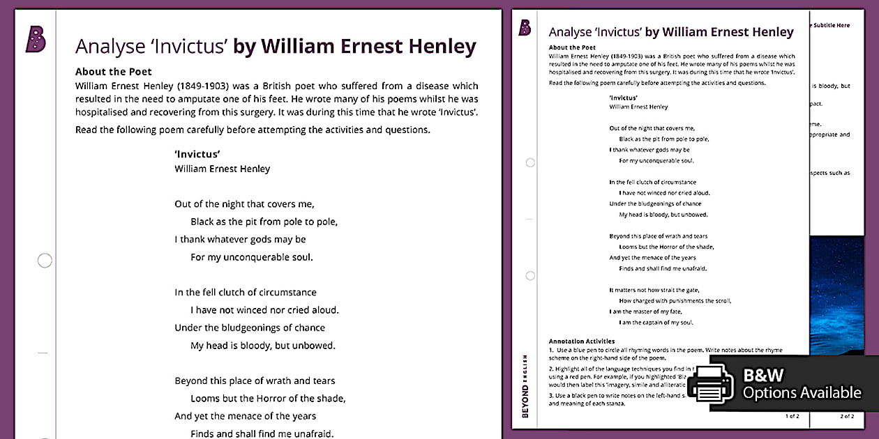Analyse 'Invictus' by William Ernest Henley (teacher made)