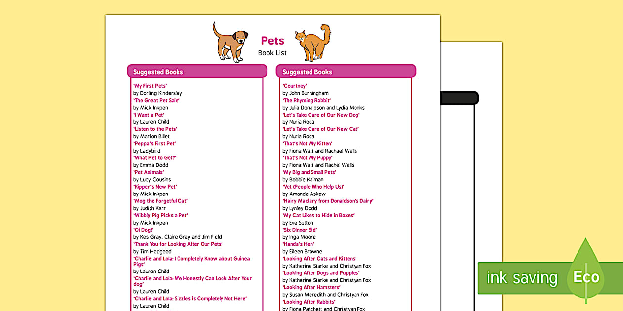 Pets Book List (teacher made) - Twinkl
