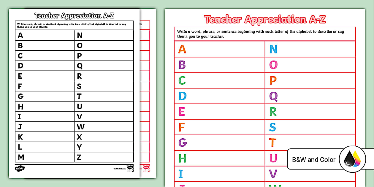 Teacher Appreciation A-Z Worksheet Sheet | Twinkl USA