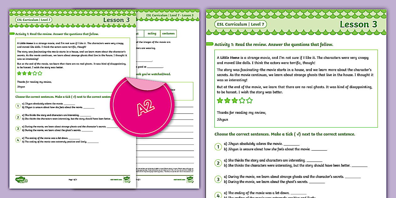 ESL Curriculum Level 7, Lesson 3 Worksheet - Twinkl