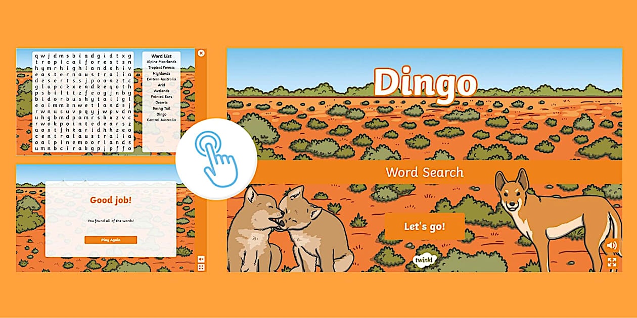 Dingo Themed Interactive Word Search for Kids: Play Online!