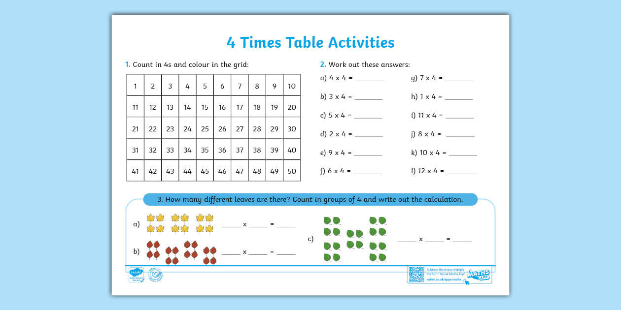 4 Times Table Worksheet - Maths - KS2 - Twinkl