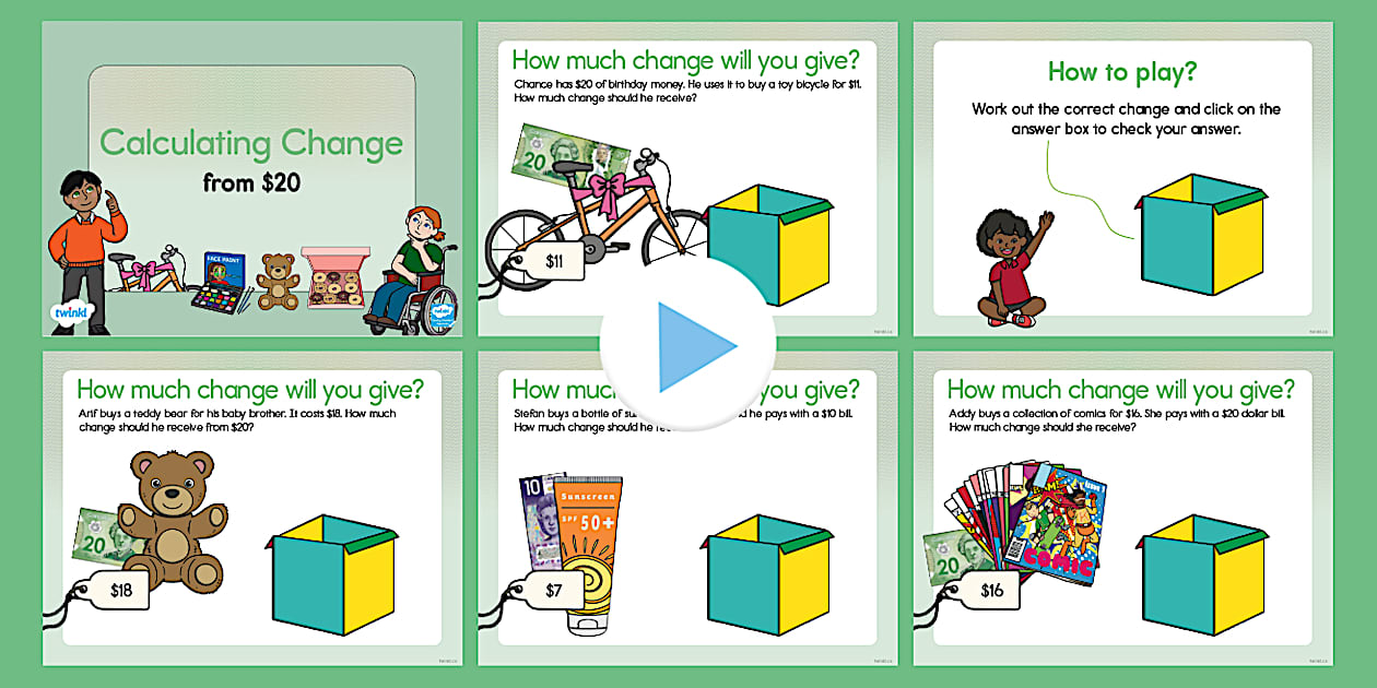 Canadian Money Calculating Change from $20 PowerPoint