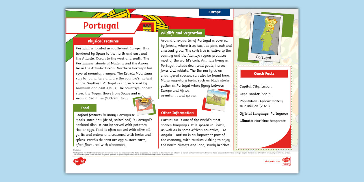 KS2 Portugal Fact File - Geography - KS2 - Twinkl