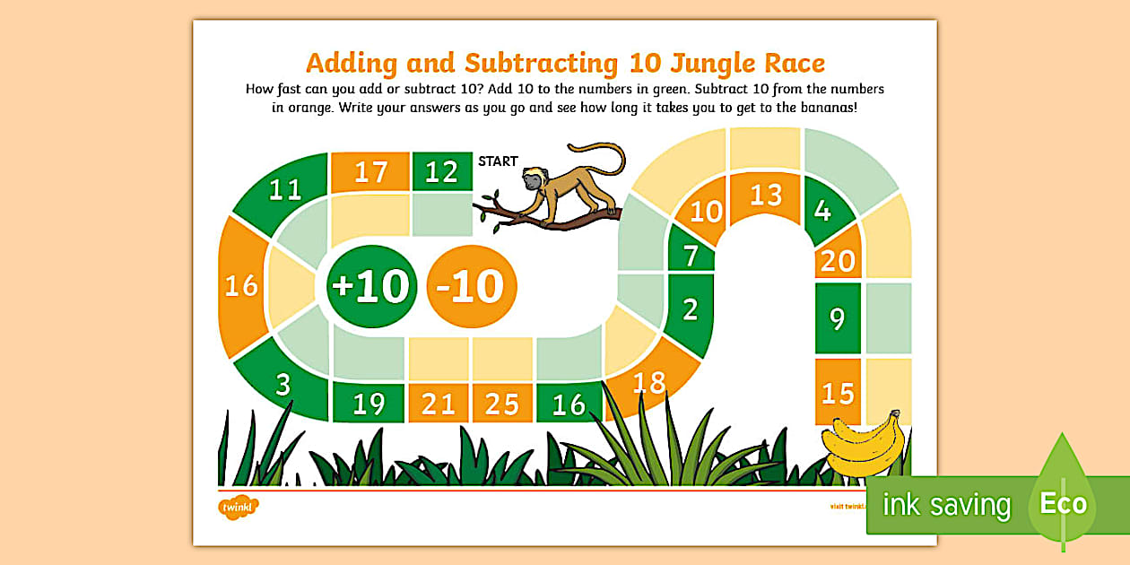 Addition and Subtraction Jungle Race Worksheet - Twinkl