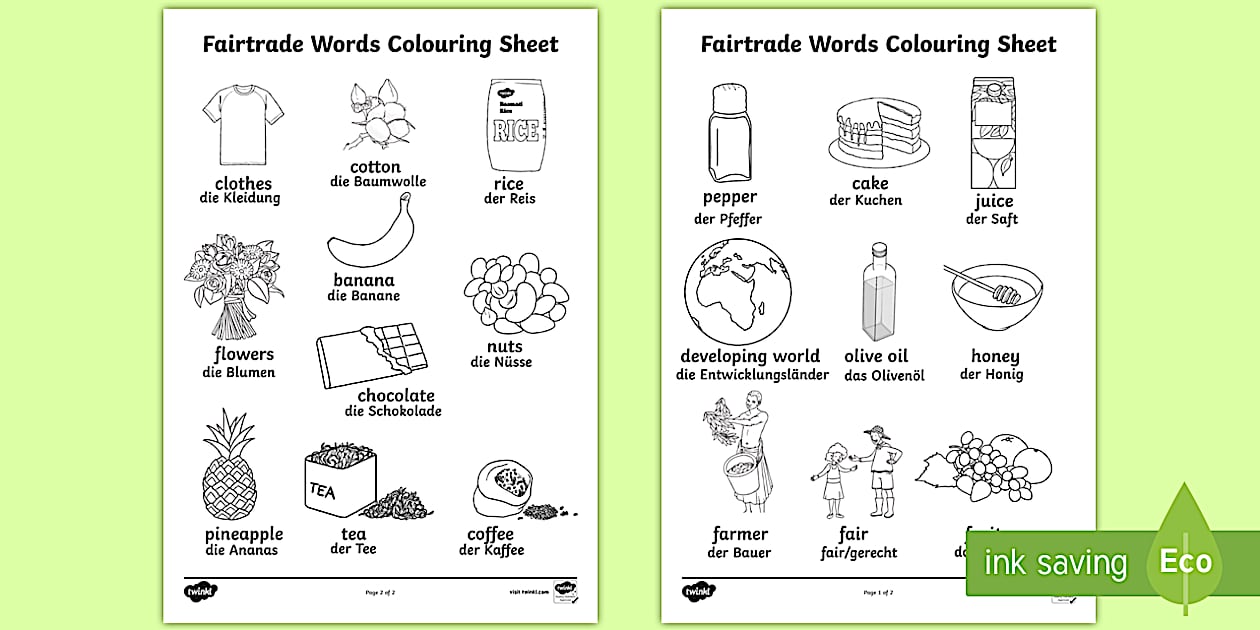 Fairtrade Words Colouring Pages English/German - Twinkl