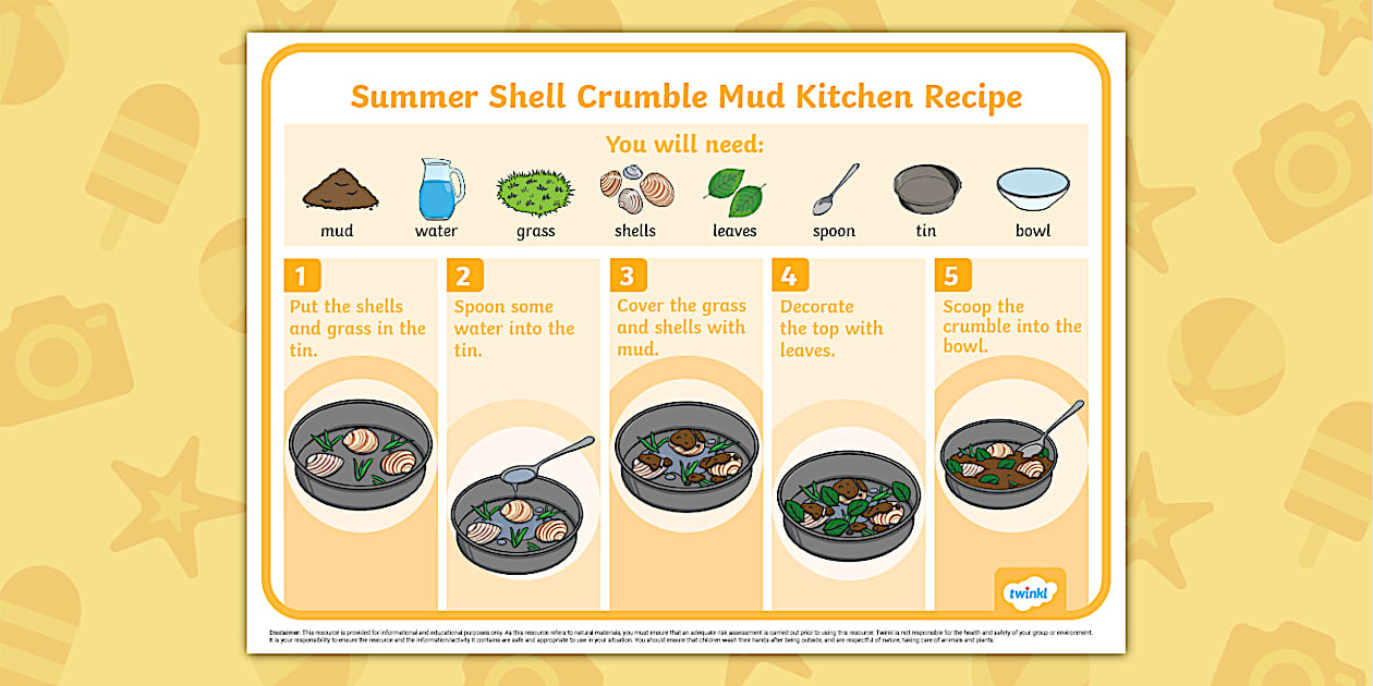 Summer Shell Crumble Mud Kitchen Prompt Card Recipe | Twinkl