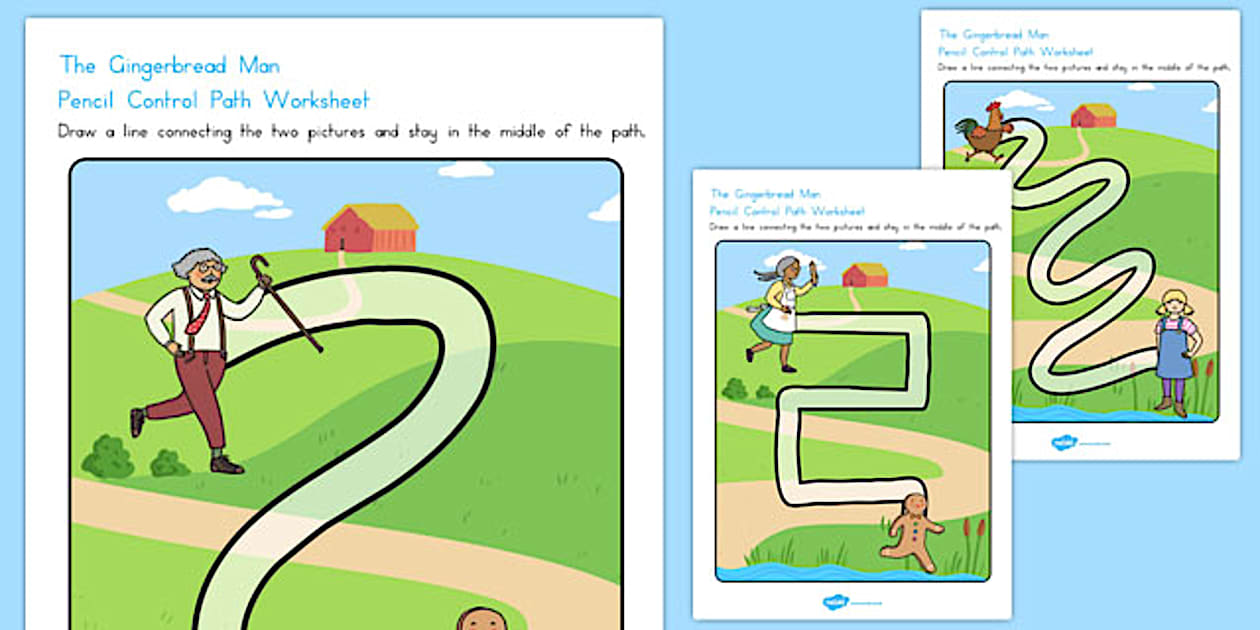 The Gingerbread Man Pencil Control Path Worksheets - Twinkl
