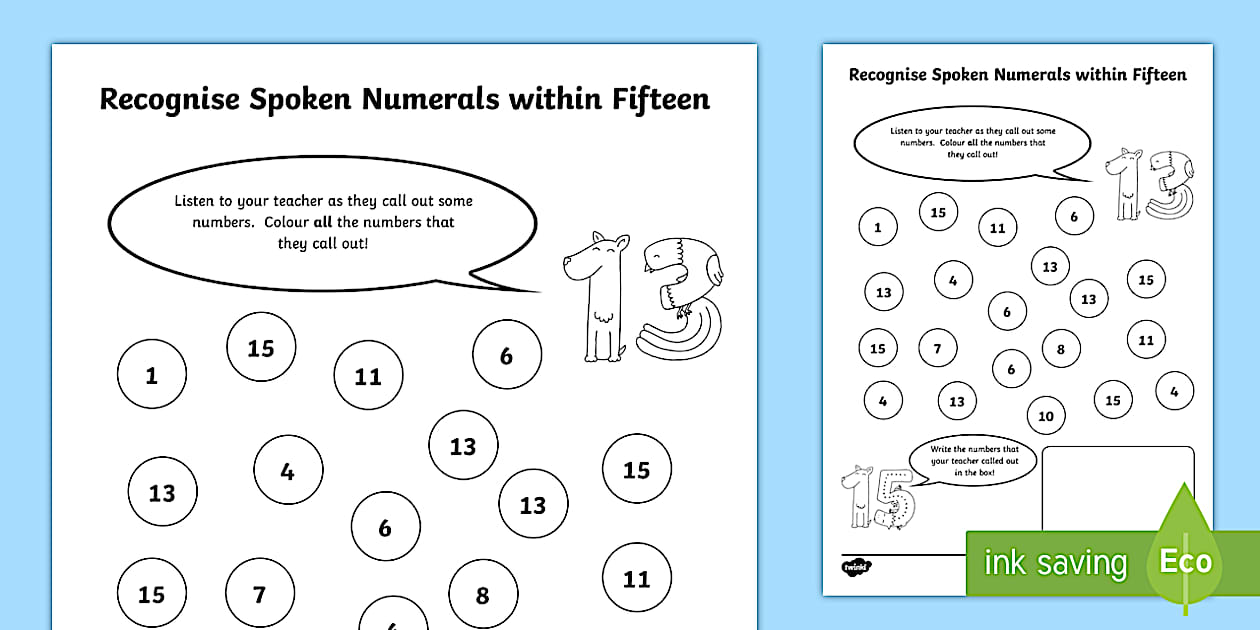 Recognising Spoken Numerals within 15 - Focusing on 13 and 15 Worksheet