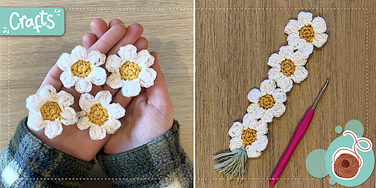 Learn how to crochet a daisy bookmark pattern craft - Twinkl