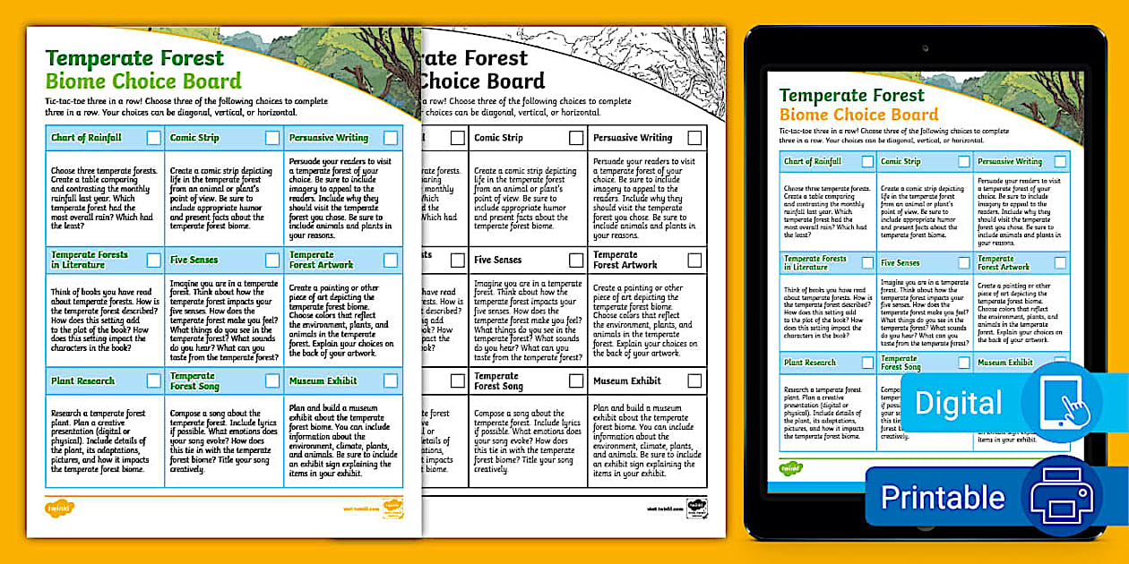 Temperate Forest Biome Choice Board for 3rd-5th Grade