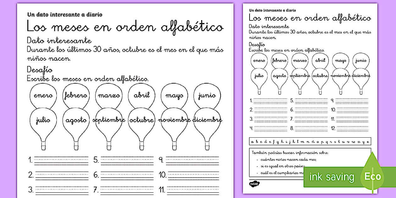 Ficha de actividad: Los meses en orden alfabético