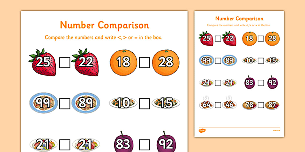 Black and White Food Themed Number Comparison Sheet - Twinkl