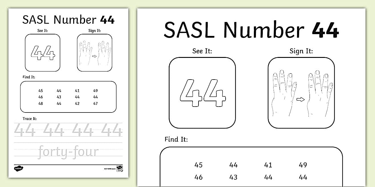 SASL Number 44 Activity Worksheet (teacher made) - Twinkl