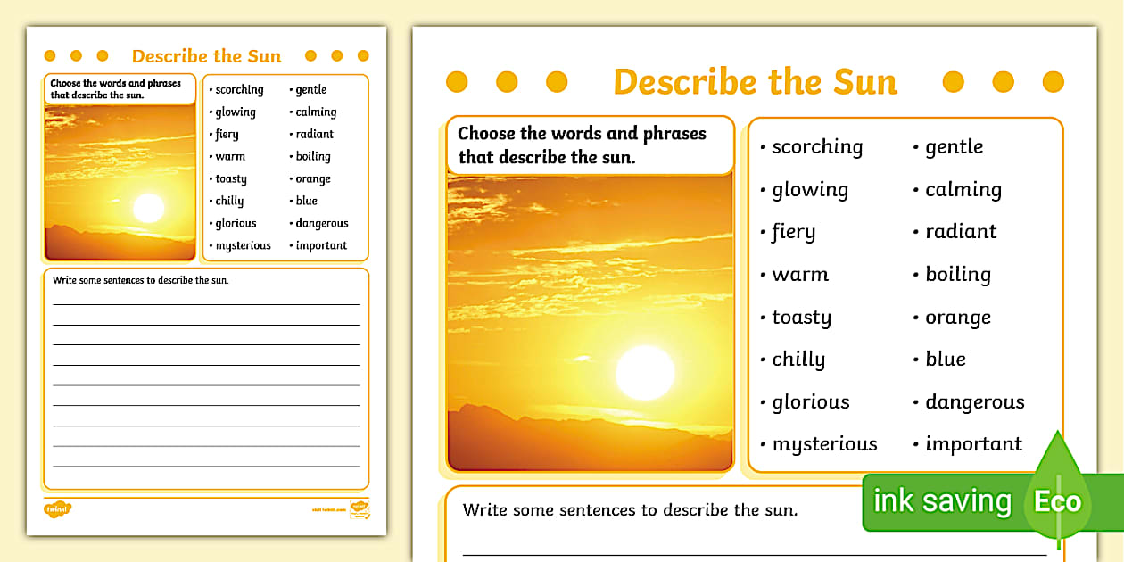 Describe the Sun Writing Frame, Sun Adjectives - Twinkl