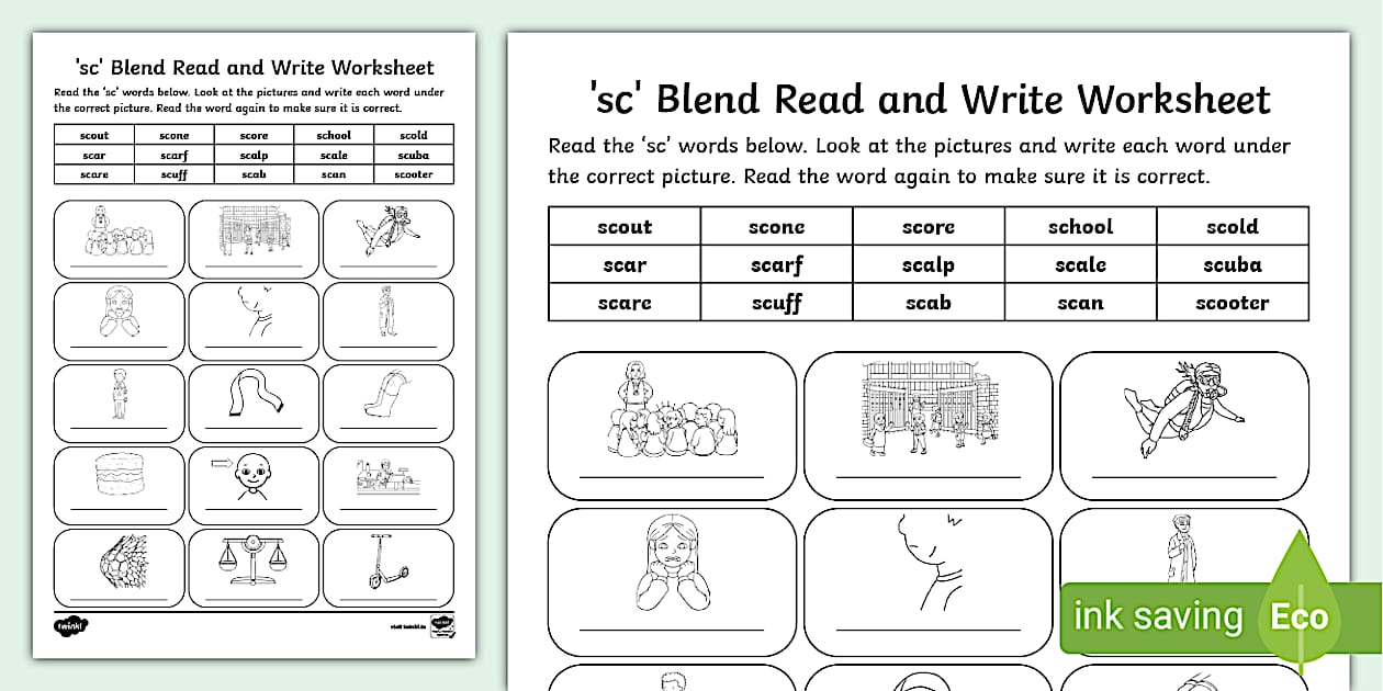 'sc' Blend Read and Write Worksheet - Twinkl