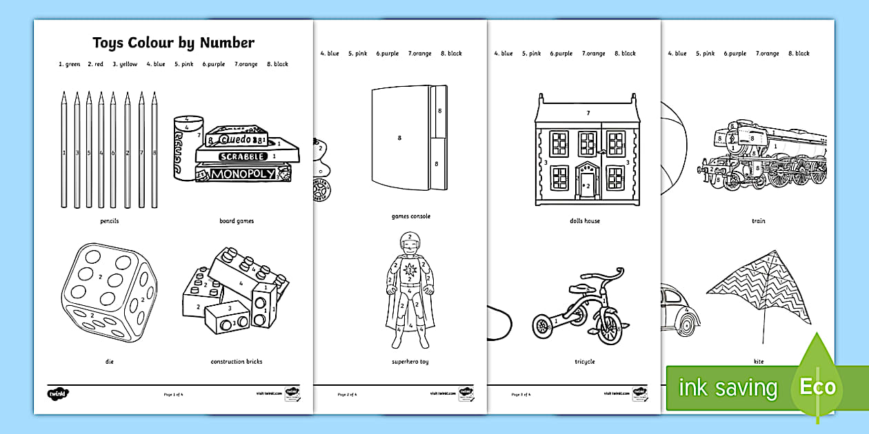 Toy Themed Colour by Number Worksheet - Twinkl