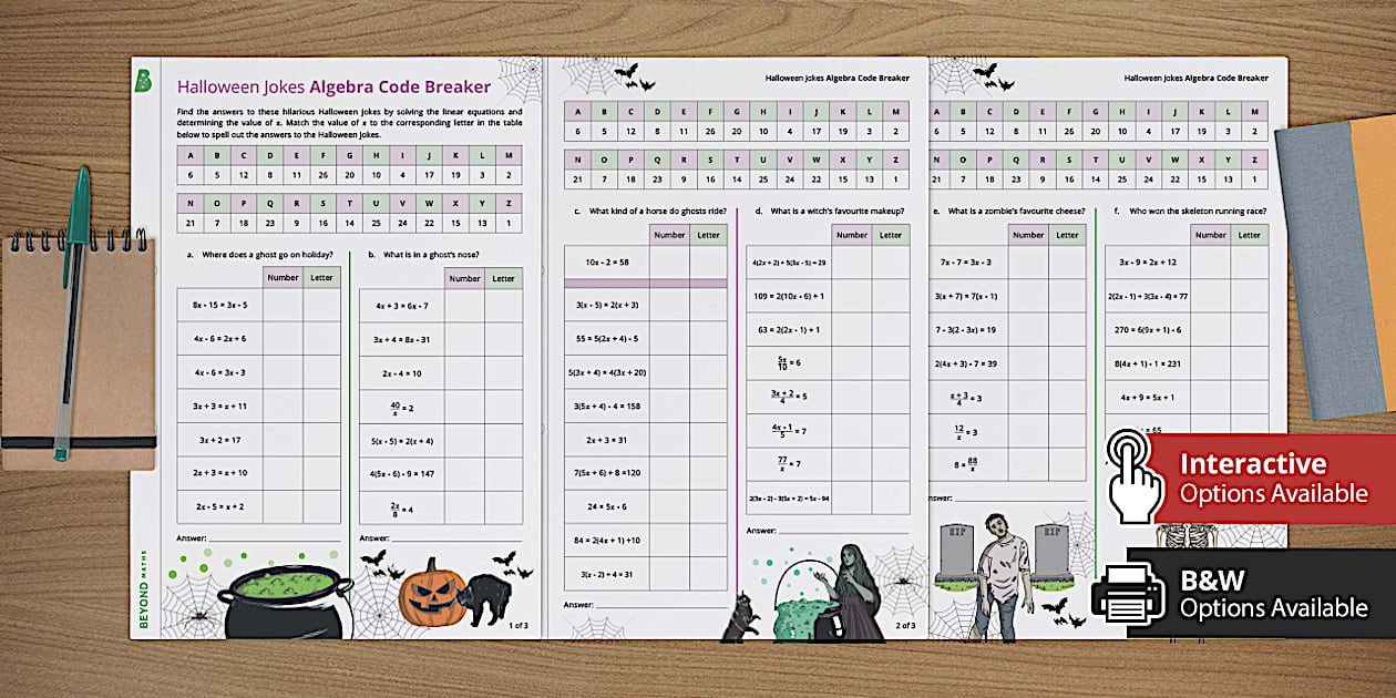 Halloween Jokes Algebra Code Breaker (Teacher-Made) - Twinkl