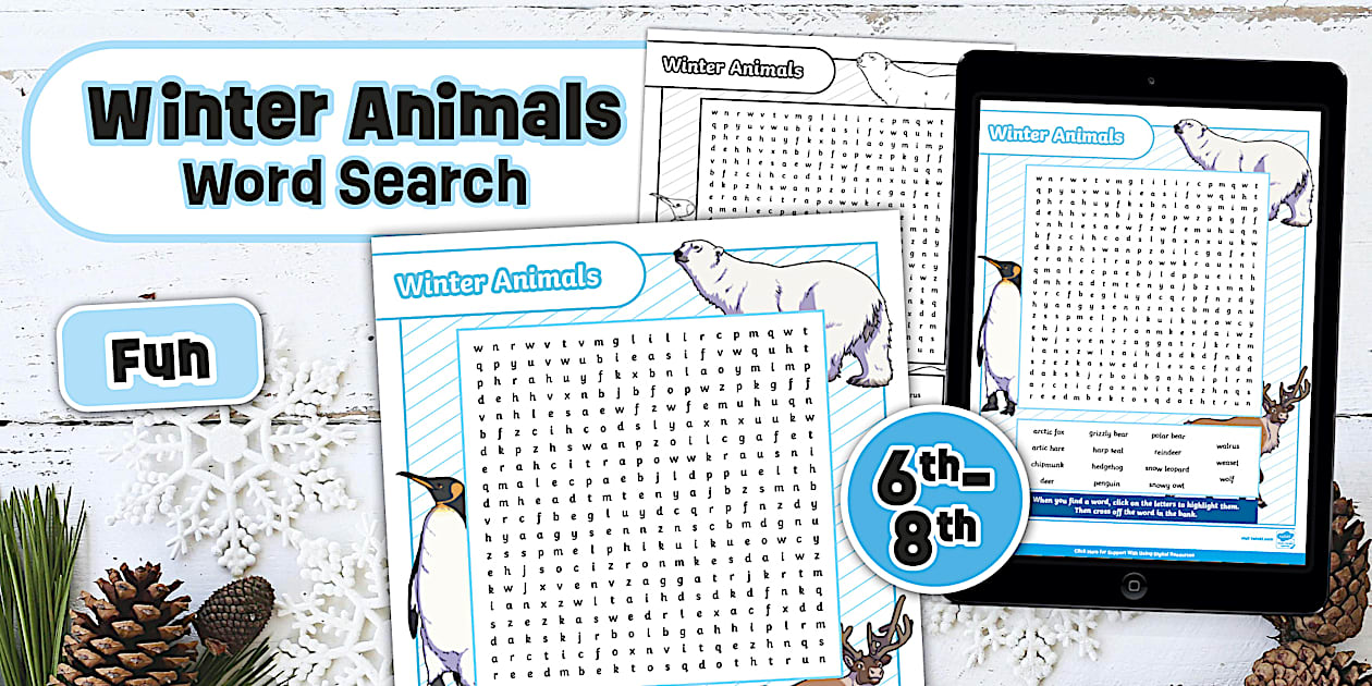 Winter Animals Word Search for 6th-8th Grade (teacher made)