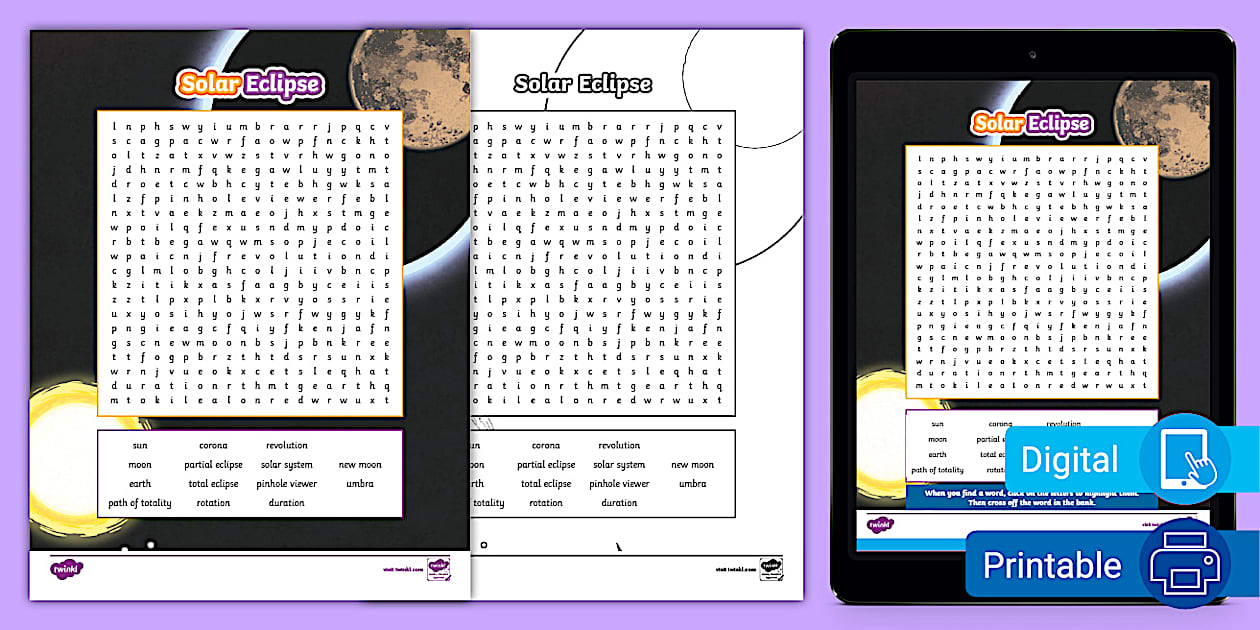 Solar Eclipse Word Search for 3rd-5th Grade - Twinkl