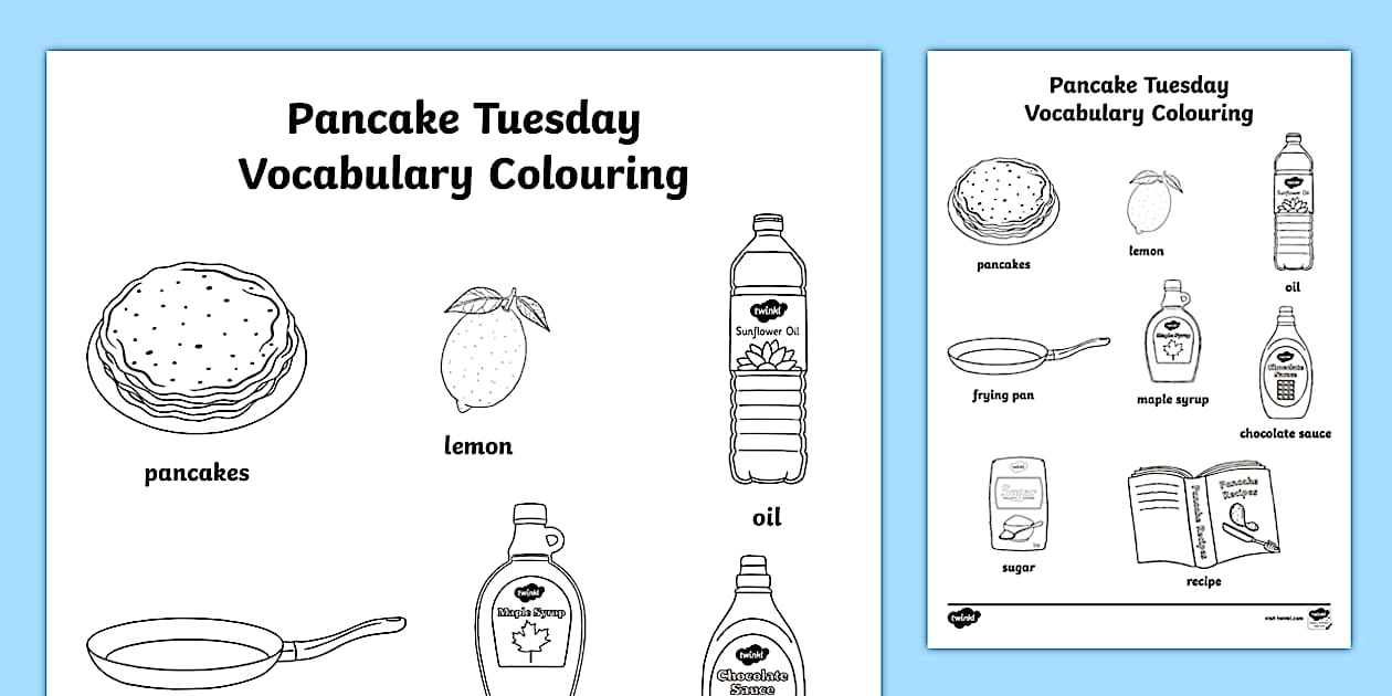 Pancake Tuesday Vocabulary Colouring Worksheet - Twinkl