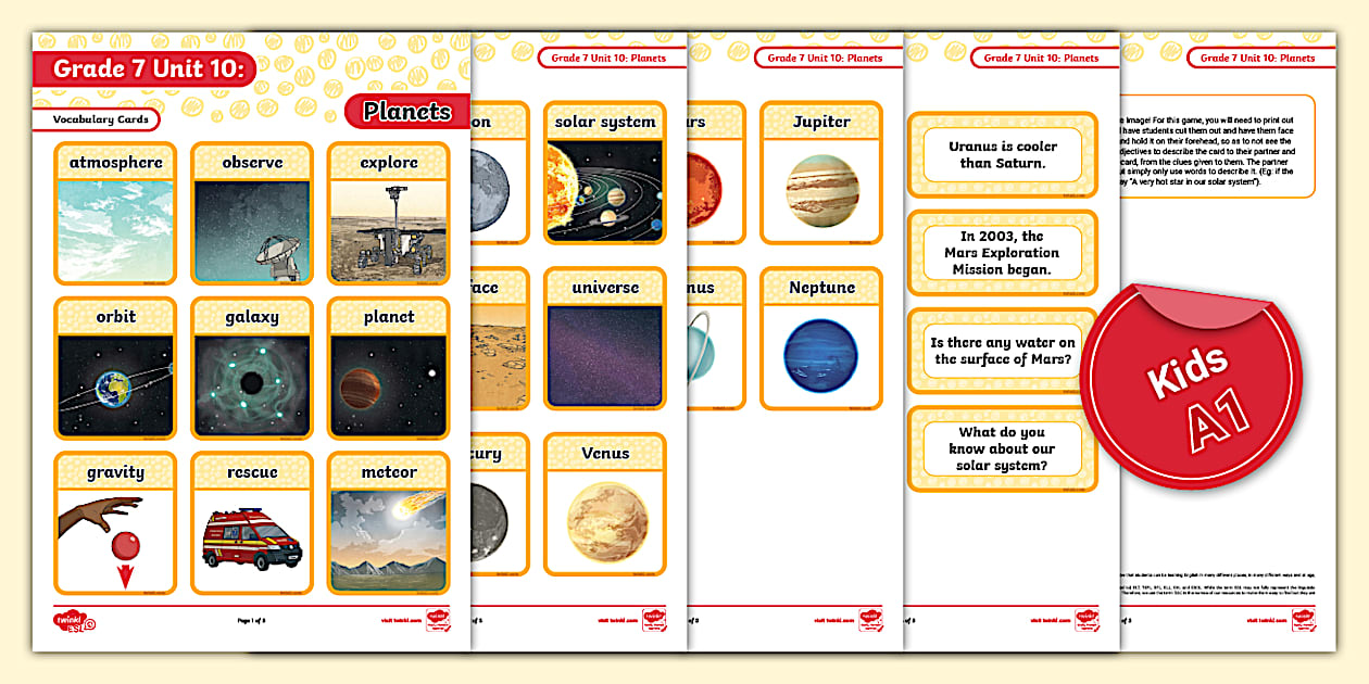 Turkey Curriculum English Vocabulary Cards: Grade 7 Unit 10 (Planets)