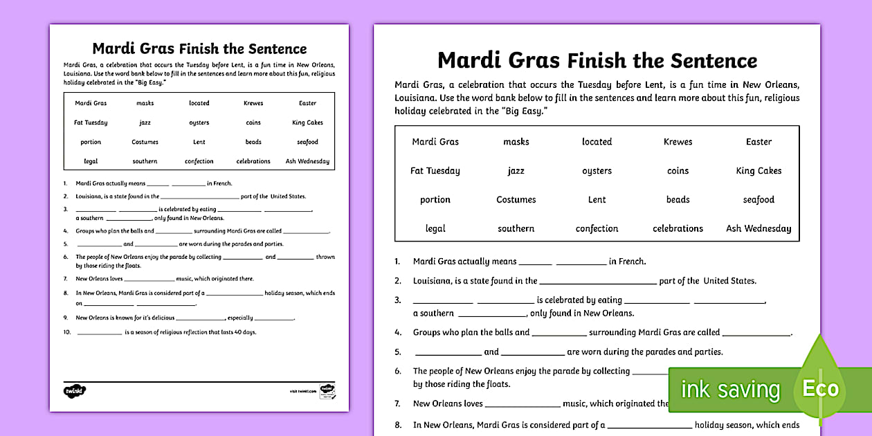 Fifth Grade All About Mardi Gras Cloze Reading Activity Worksheet
