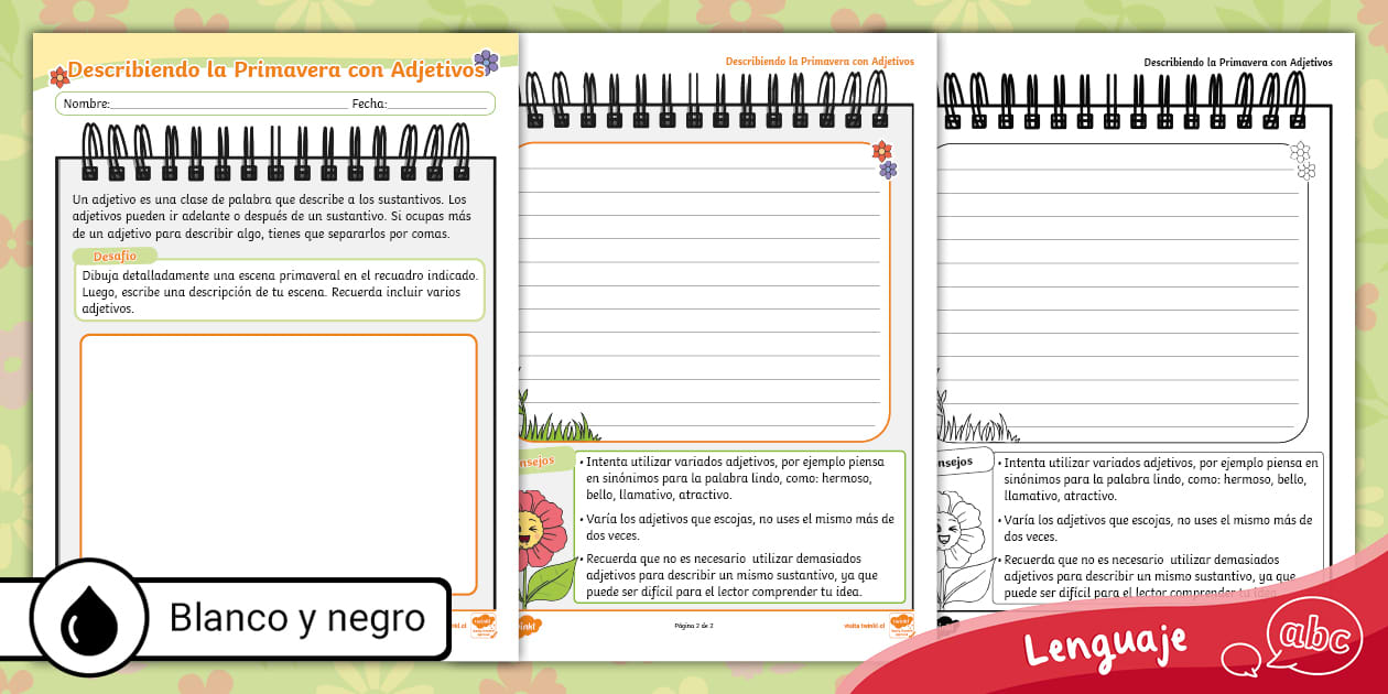 Guía de escritura | Primavera | Adjetivos | (teacher made)