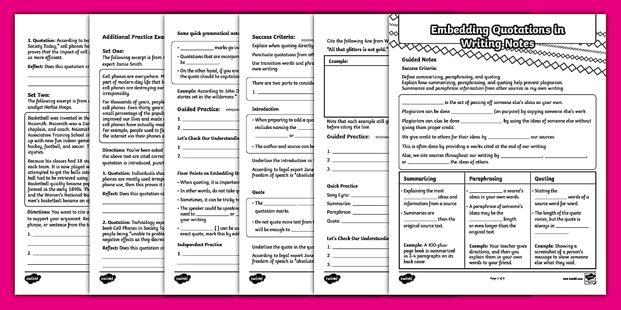 Embedding Quotations in Writing Notes for 6th-8th Grade