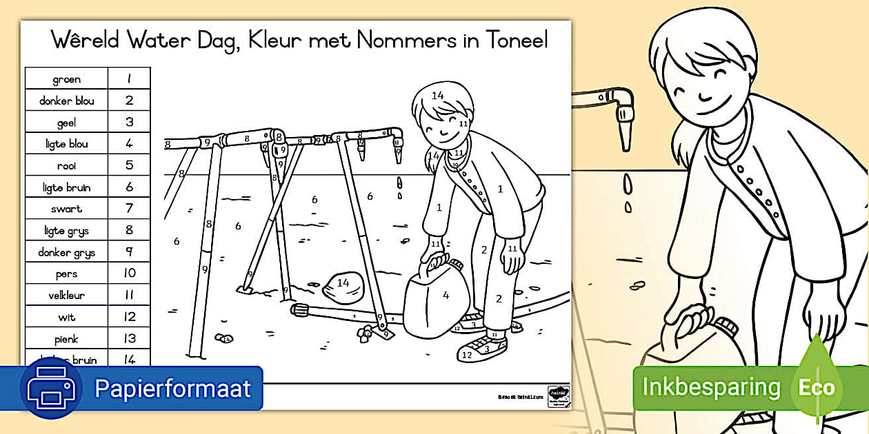 Wêreld Water Dag, Kleur met Nommers in Toneel, Inkleurprent
