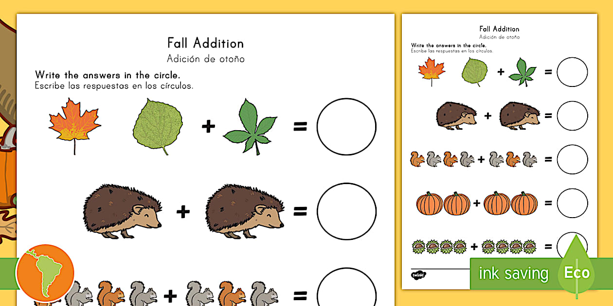 Fall Addition Sheet English/Spanish (teacher made) - Twinkl