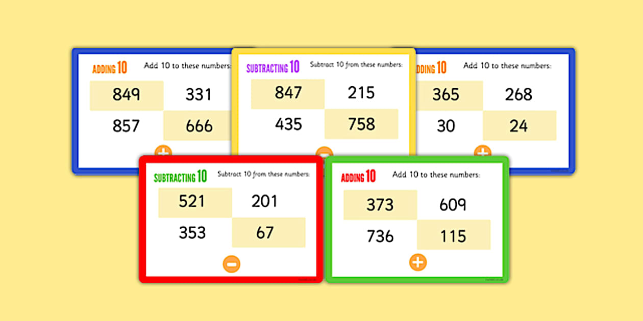 Adding and Subtracting 10 Maths Challenge Cards - Twinkl