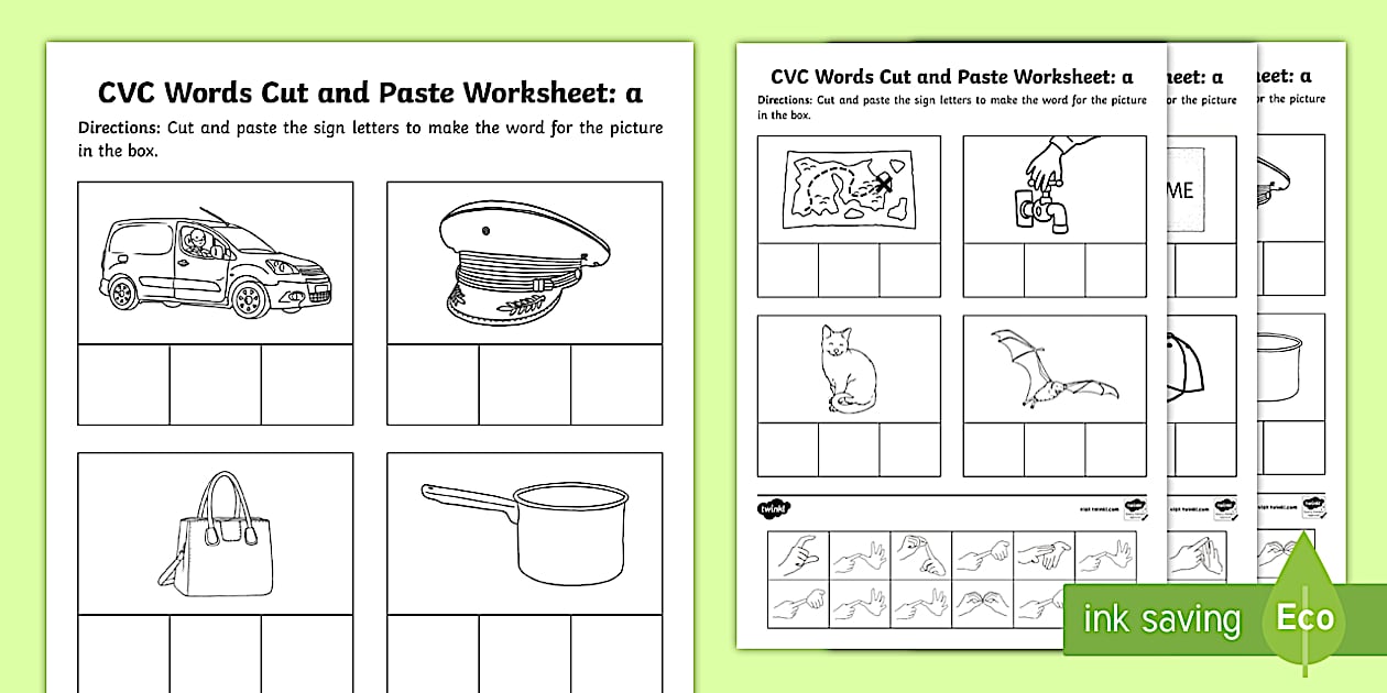 CVC Words Cut and Paste Worksheets 'a' with British Sign Language