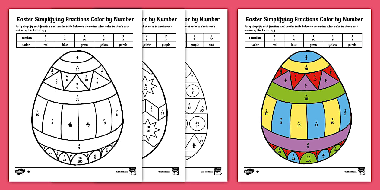 Easter Simplifying Fractions Color by Number Worksheet for 3rd-5th Grade