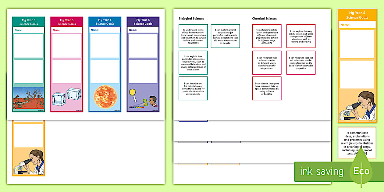 Year 5 Australian Curriculum Science Goals Bookmarks