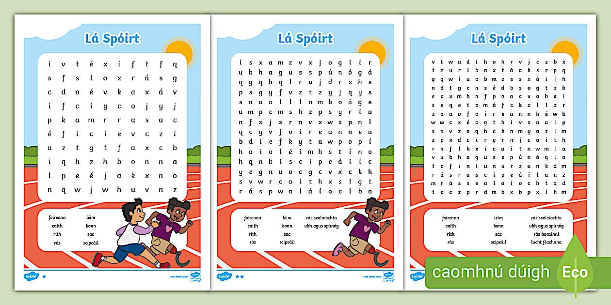 Sports Day Differentiated Word Search In Irish - Twinkl