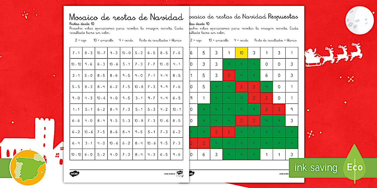 Ficha de actividad: Mosaico de restas de Navidad - Twinkl